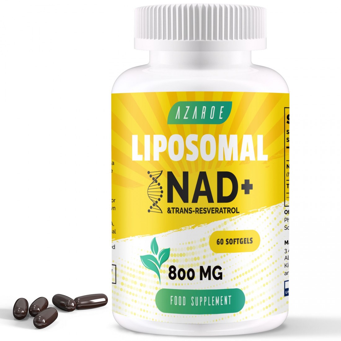 Buy Azaroe Liposomal NAD+ & Trans-Resveratrol 800mg 60 Softgels